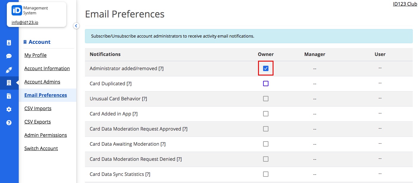 ID123 Knowledgebase | Set Email Preferences for Administrators