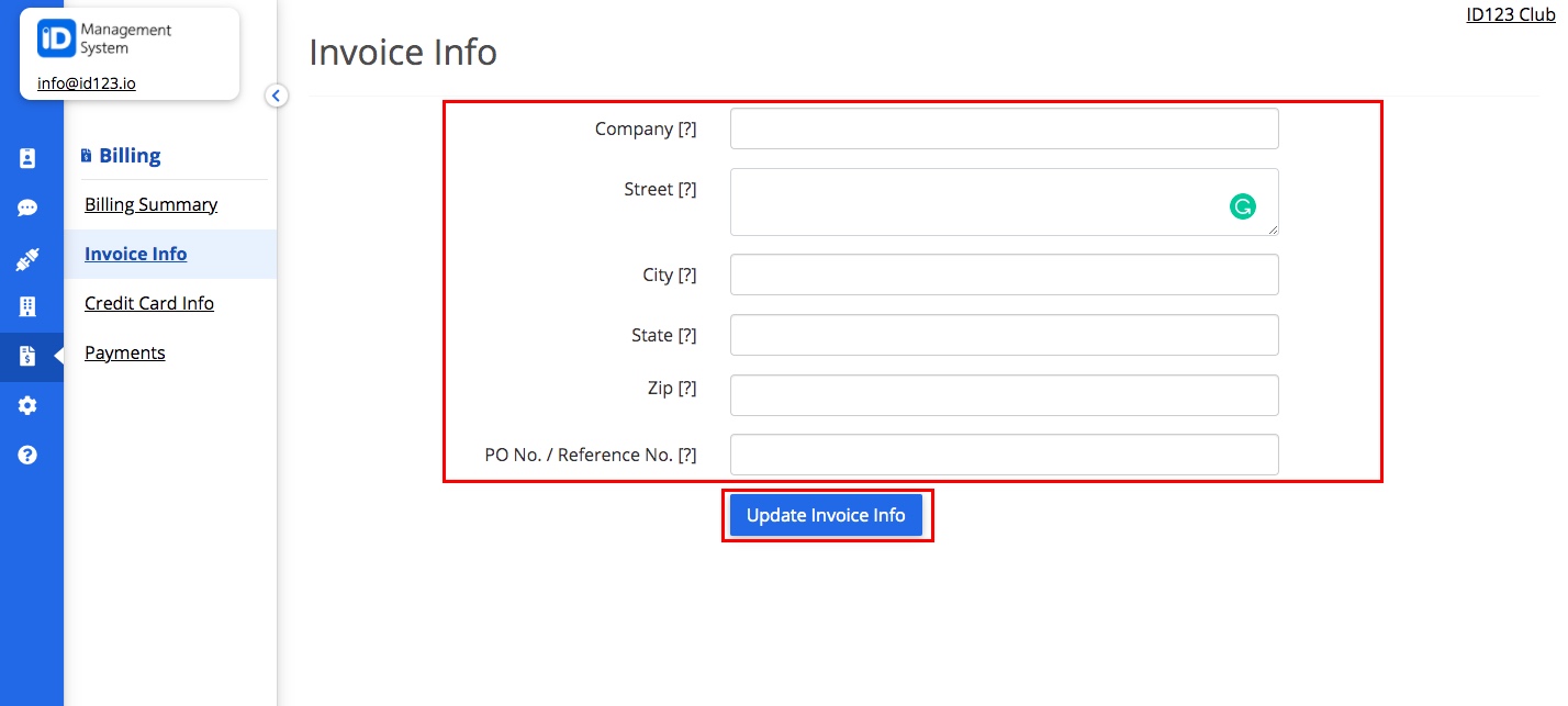 ID123 Knowledgebase | Adding Invoice Info