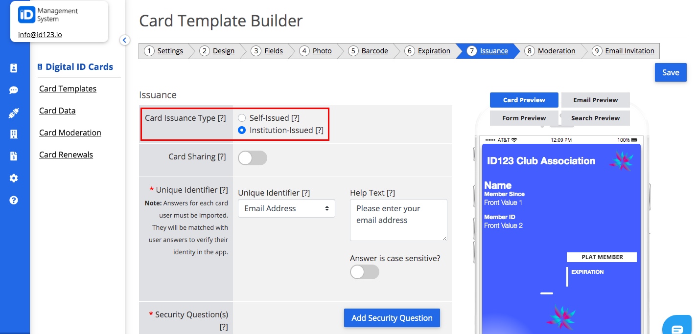 Updating Card Issuance Type to "Institution-Issued" - ID123