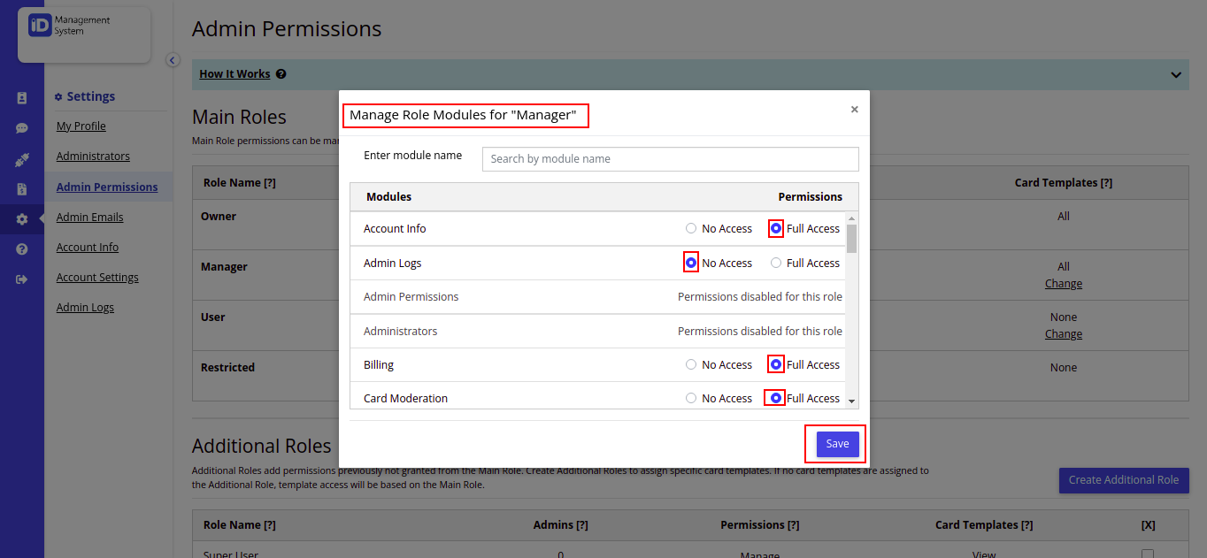 ID123 Knowledgebase | Setting Admin Permissions