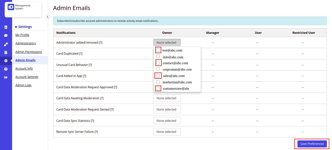 ID123 Knowledgebase | Set Email Preferences for Administrators