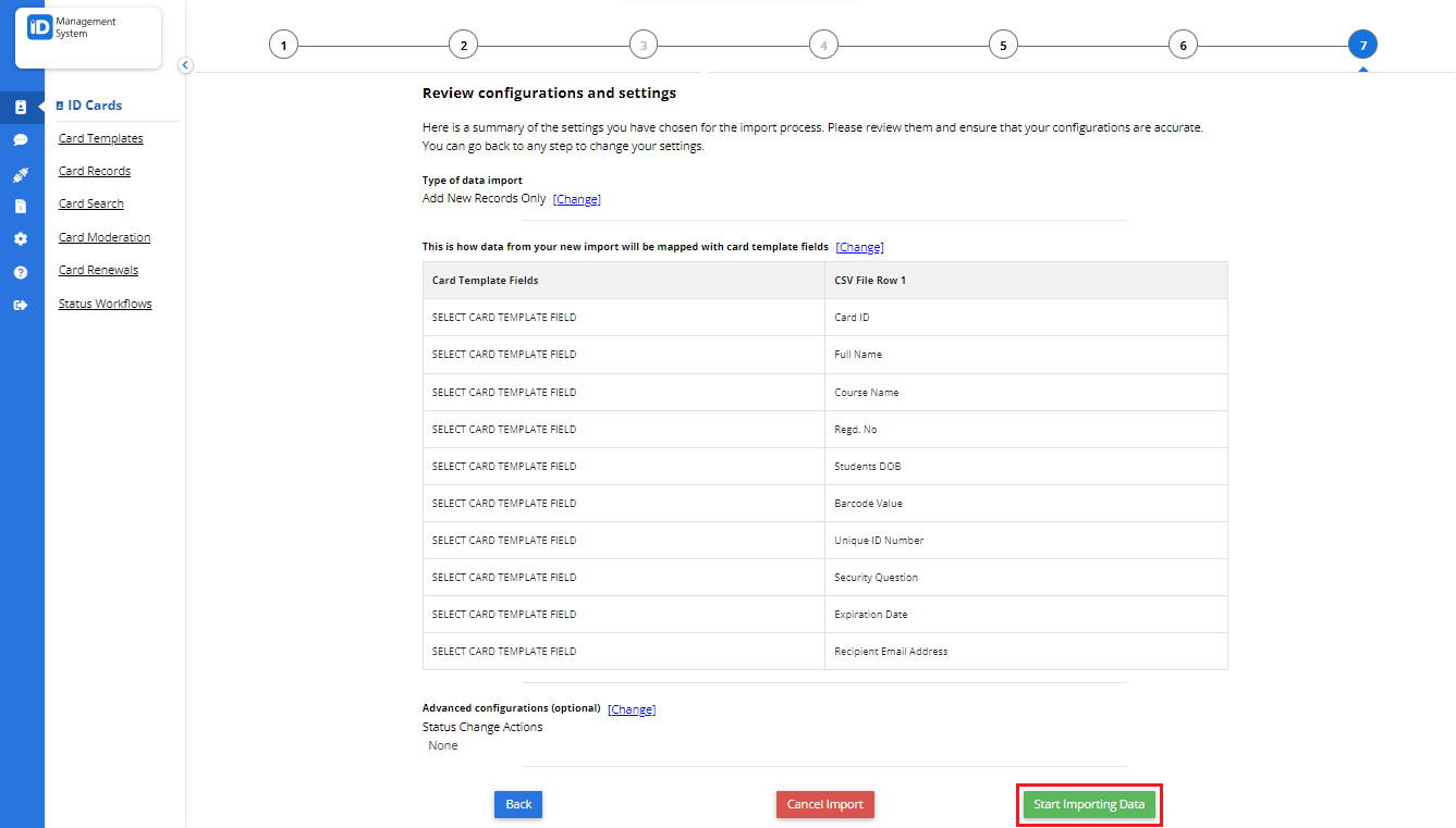 Importing New Card Records in Bulk via CSV - ID123