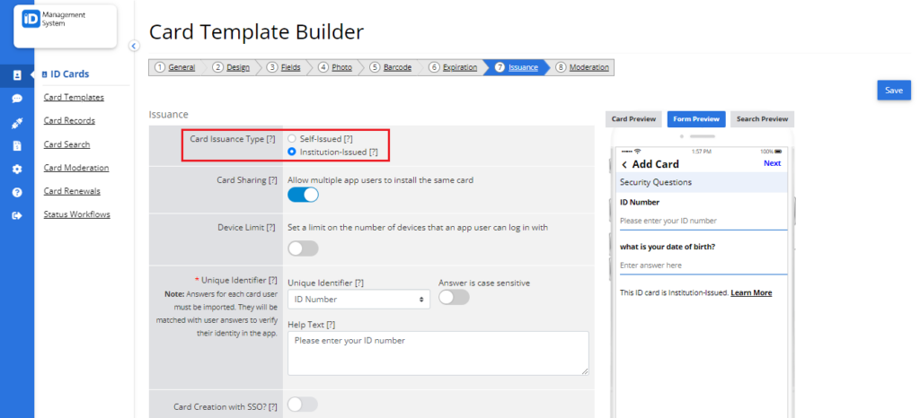 Updating Card Issuance Type to "Institution-Issued" - ID123