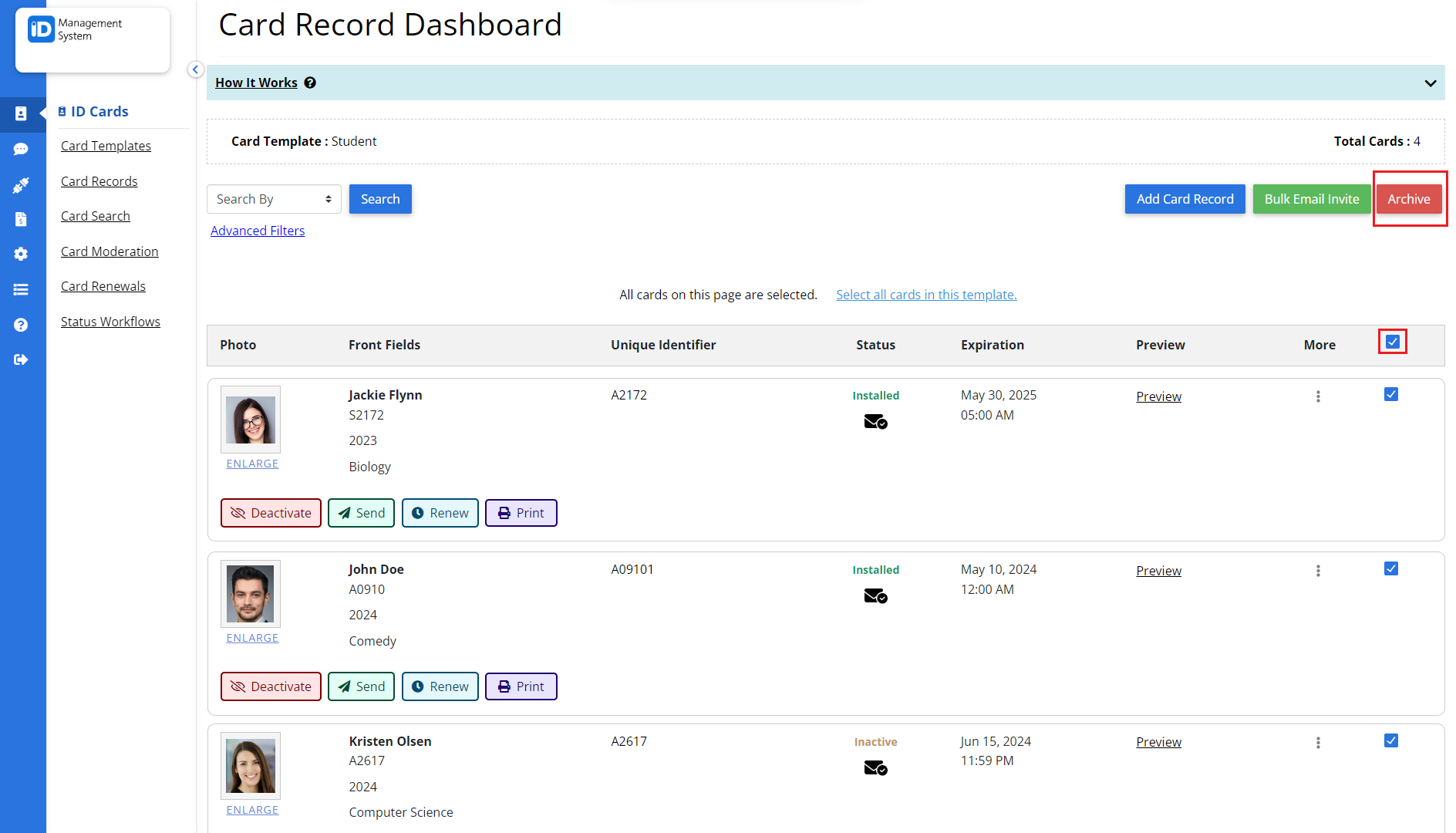 ID123 Knowledgebase | How to Delete a Card in the ID Management System