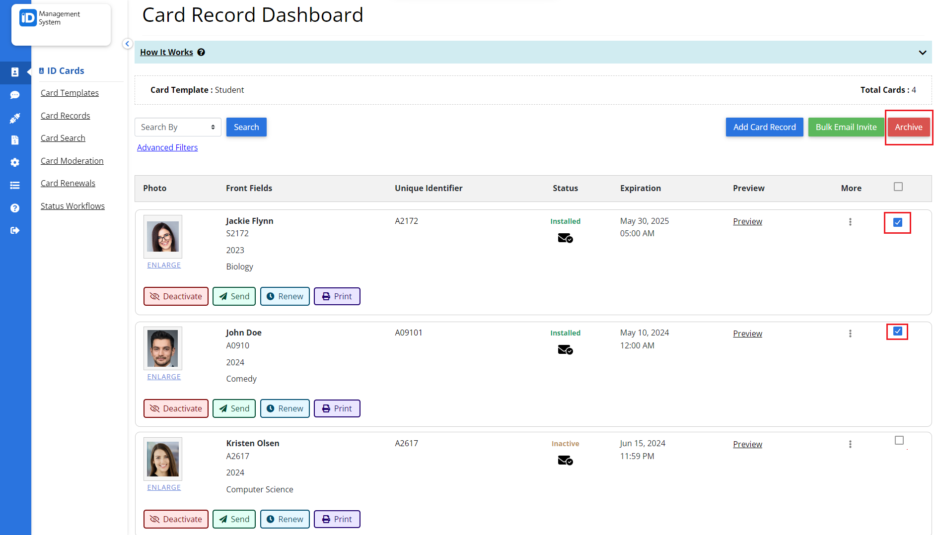 ID123 Knowledgebase | How to Delete a Card in the ID Management System