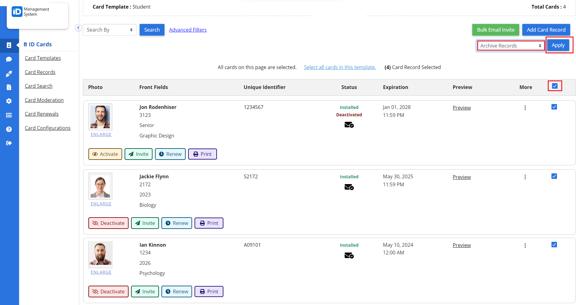 ID123 Knowledgebase | How to Delete a Card in the ID Management System