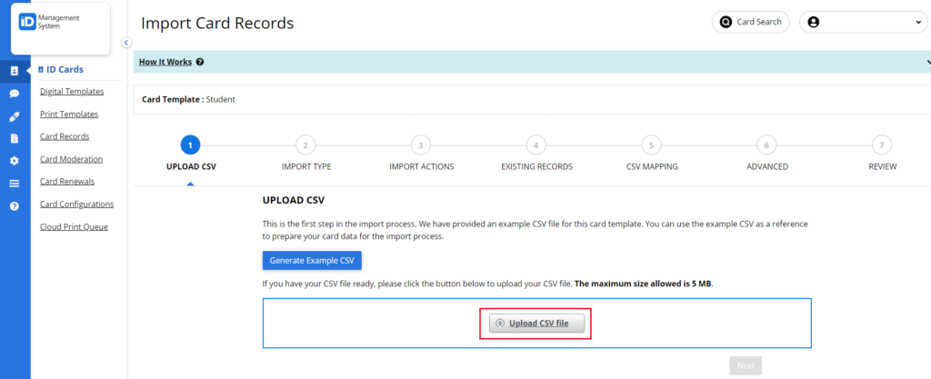 Importing New Card Records in Bulk via CSV - ID123
